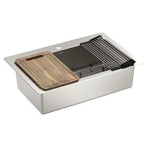 Moen Luxe Chef 18-Gauge Stainless Steel Dual Mount 33" x 22" Single Bowl Workstation Sink, Includes Cutting Board, Flexible Drying Rack, Colander, Bottom Sink Grid, and Drain, GS181012BUX