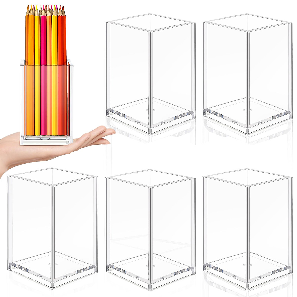 6 Pieces Clear Acrylic Pen Holder Makeup Brush Holder Desktop Holder Desk Goth Accessories Square Stationery Organizer, Transparent Pencil Holder Acrylic for Home Office School
