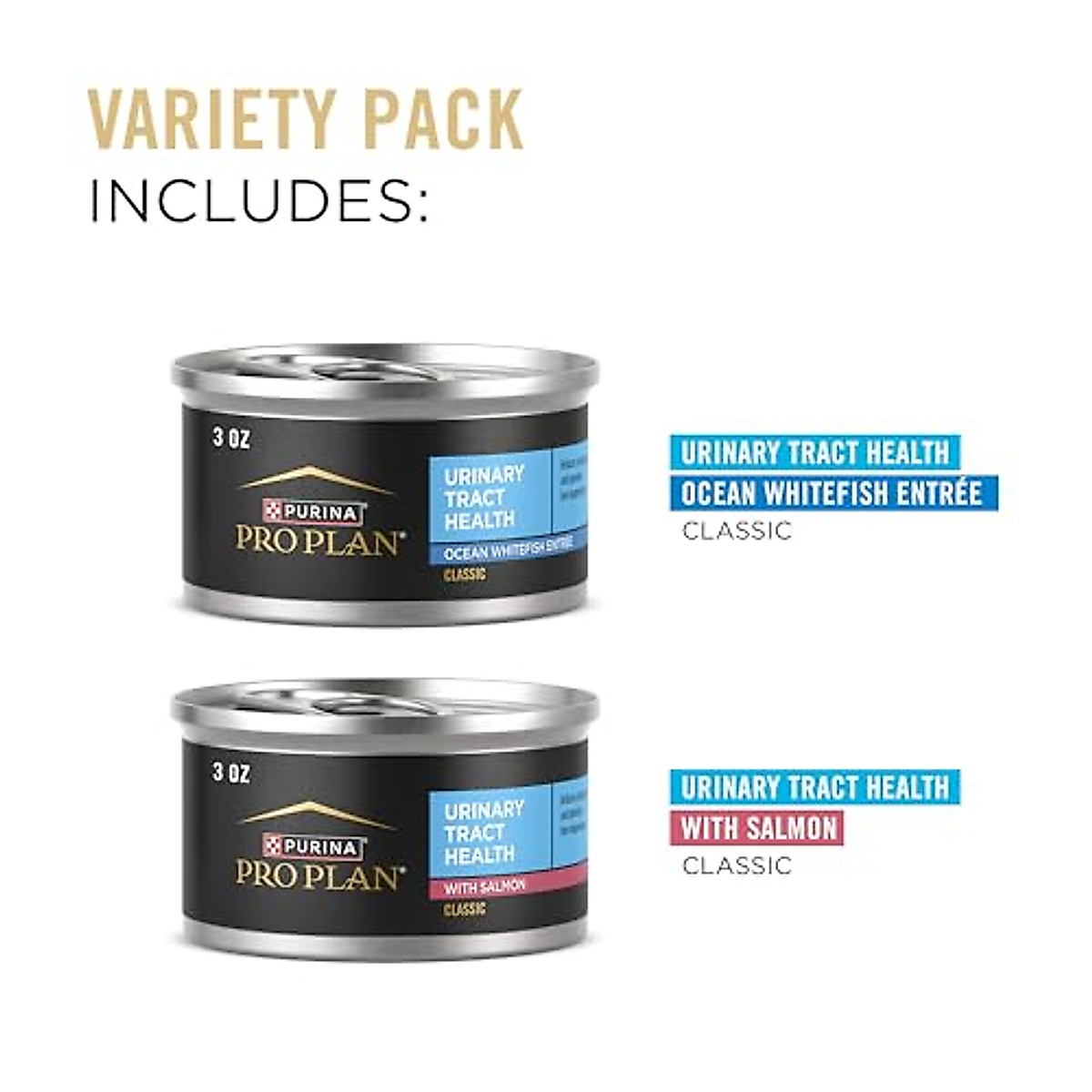 Purina Pro Plan Urinary Tract Health Pate Cat Food Variety Pack, Ocean Whitefish And With Salmon Entrees - (Pack of 24) 3 oz. Cans