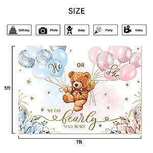 LIGHTINHOME Bear Gender Reveal Backdrop 7Wx5H Feet He or She Pink or Blue Boho Floral We Can Bearly Wait Baby Shower Photography Background Mom-to- be Party Decorations Photo Booth Studio Prop Fabric
