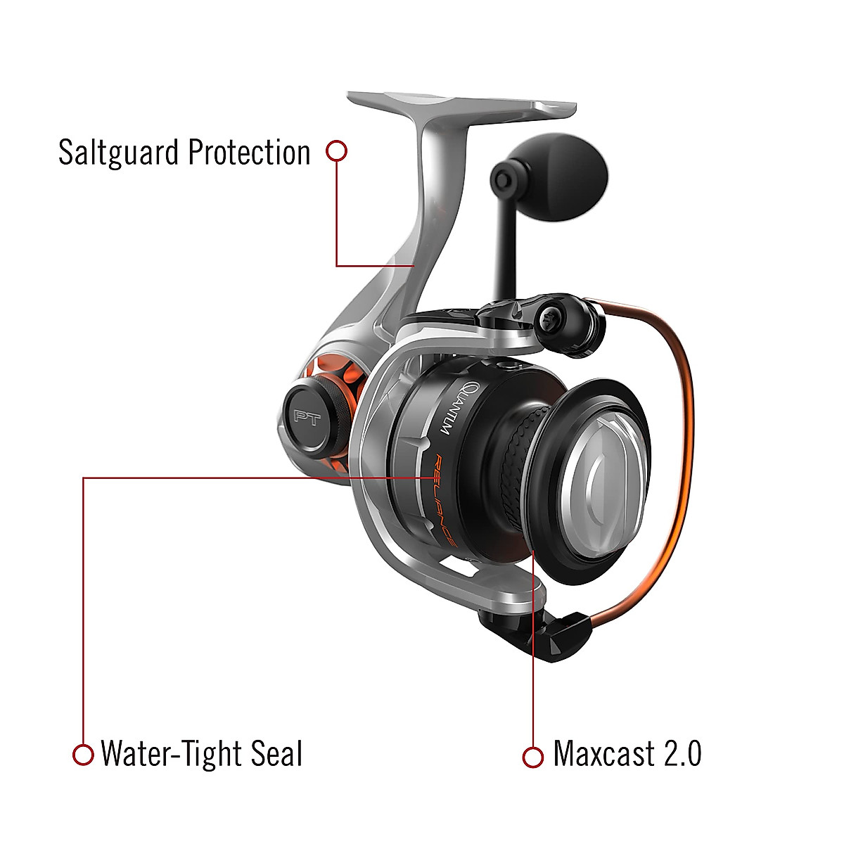 Quantum Reliance Spinning Fishing Reel, Size 30 Reel, Changeable Right- or Left-Hand Retrieve, Anti-Corrosive Bearings, Water-Tight Seal, Saltguard Protection, Silver/Black