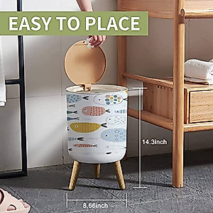 Small Trash Can with Lid Seamless childish with funny fishes Creative scandinavian kids texture Garbage Bin Wood Waste Bin Press Cover Round Wastebasket for Bathroom Bedroom Diaper Office Kitchen