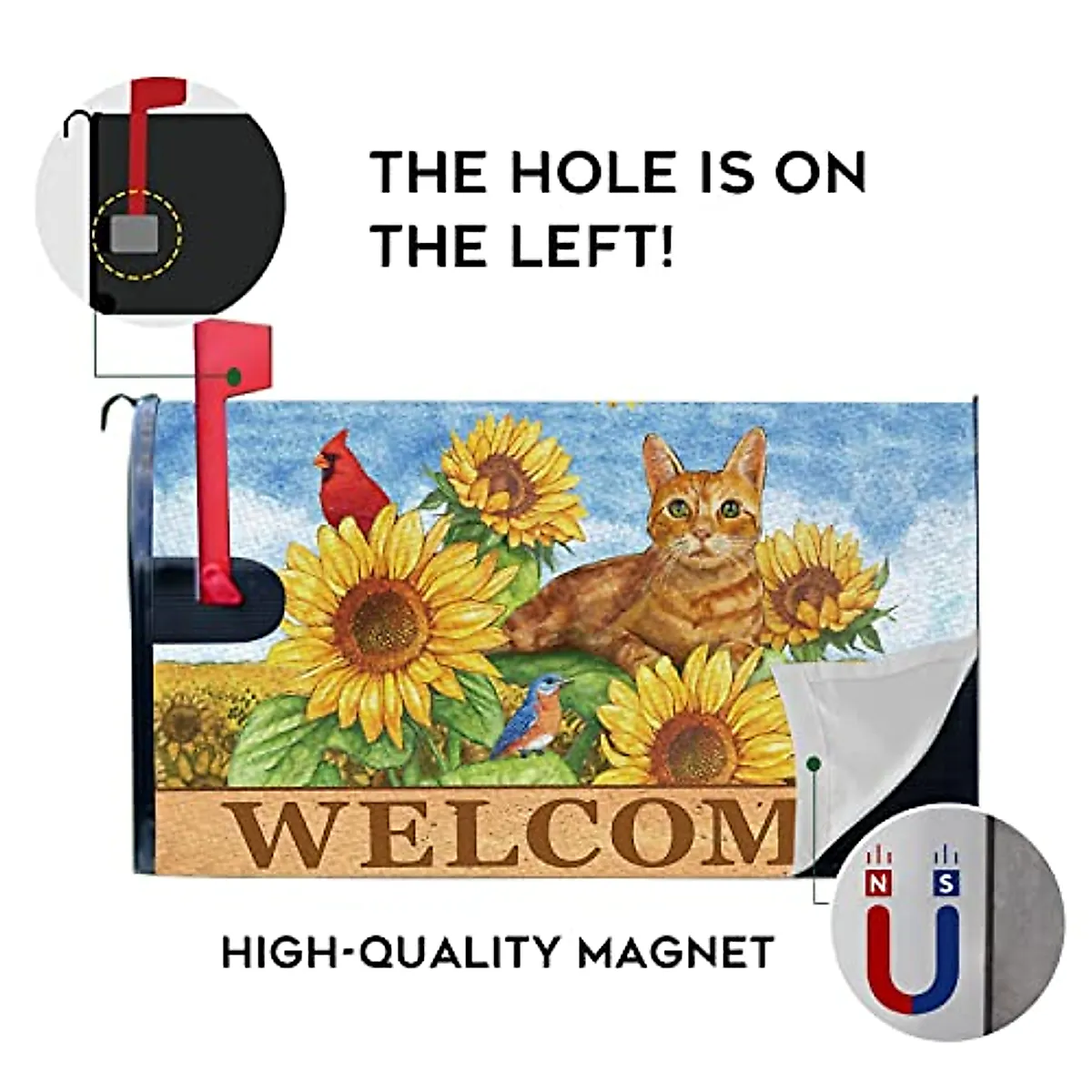 FBCOO Welcome Spring Summer Sunflower Cat Cardinal Mailbox Cover Magnetic Standard Size 21" x 19", Fall Autumn Kitty Tabby Flowers Decorative Post Letter Box Wrap Decor Red Bird Garden Yard Decoration