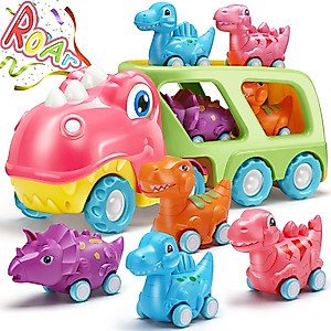 Dinosaur Car Toy for Toddler Girl, Dino Carrier Truck with 4 Mini Cartoon Pull Back Cars with Realistic Lights and Sounds, Pink Girls Toys for Kid Child Baby Age 3 Years Old Birthday Party Gift