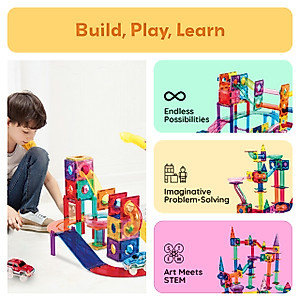 PicassoTiles 108pc 3-in-1 Marble Run Car Race Track Combo Magnetic Tiles PicassoToys Magnet Building Block Educational Construction Toy Playset STEM STEAM Learning Kit Child Brain Development PTG108