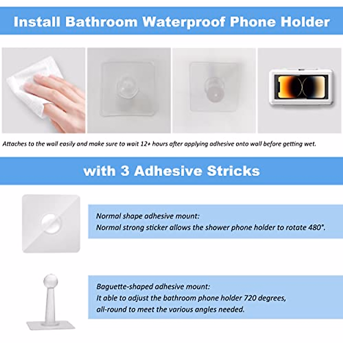URROY Shower Phone Holder Waterproof Anti Fog 480° Rotatable Bathroom Phone Mirror Wall Mount Guardian Case Shelf Stand for Bathtub Kitchen Universal Shower Accessories for All Cell Phone Up to 6.8"