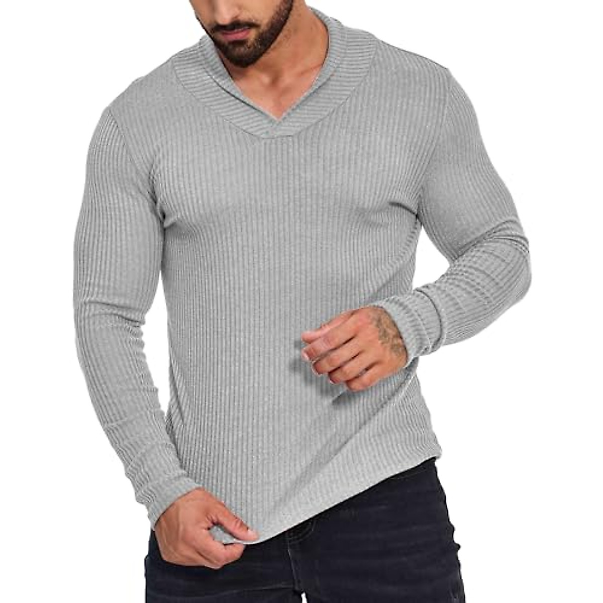 ZAFUL Mens Shawl Collar V Neck Sweater Shirts Lightweight Long Sleeve T Shirts Fitted Knitted Pullover Thermal Top Light Grey