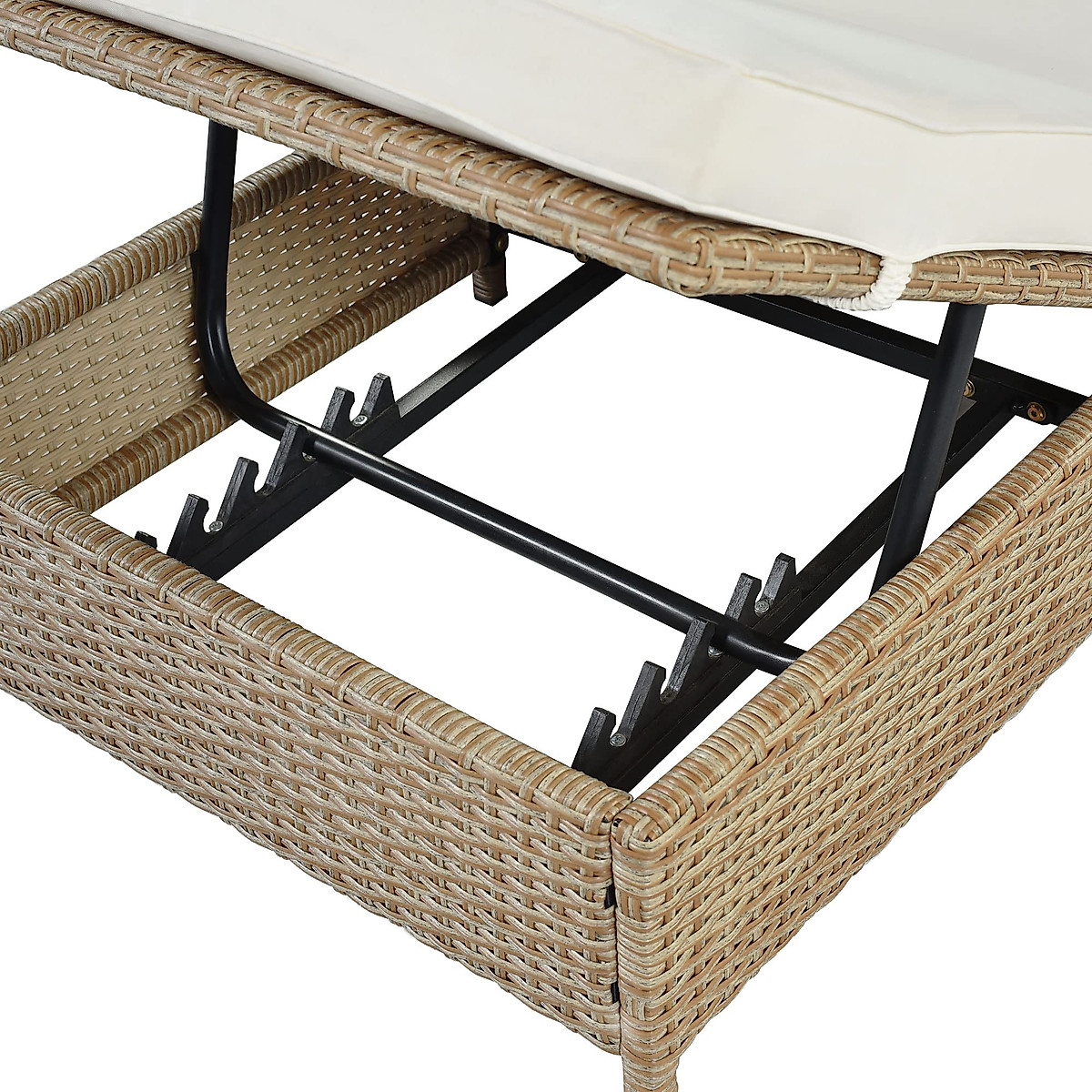 GLANZEND 3-Piece Rattan Sofa Weather PE Wicker Sectional Set with Adjustable Chaise Lounge Frame and Tempered Glass Table, Natural Brown+ Beige Cushion