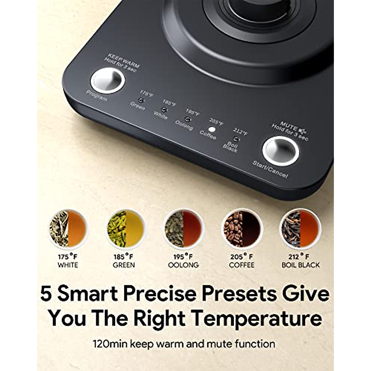 Gooseneck Electric Tea Kettle Pour-Over Kettle for Coffee, with 5 Variable Presets, 100% Stainless Steel Inner, with Keep Warm and Mute Function 0.8L, 1000W Quick Heating, Matte Black