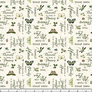 Uplifting Words, Green, Butterflies, Clover, on Creamy White, Green Fields, Wilmington Prints, 17805-172, by The Yard