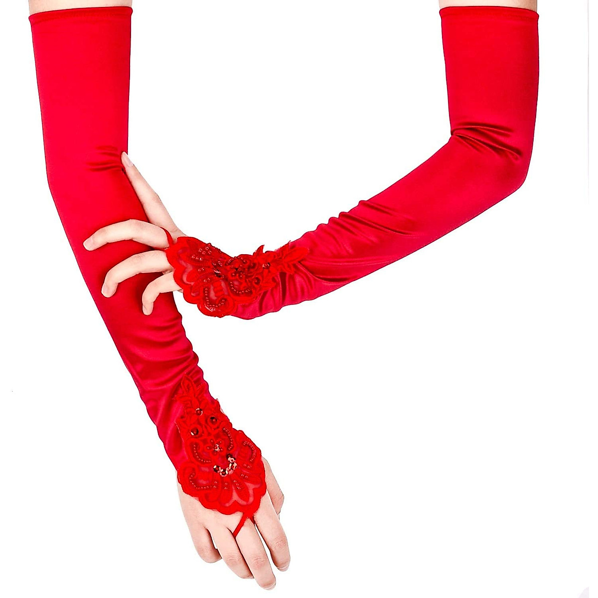 SAVITA Fingerless Long Red Gloves Pierced Elbow Length Satin Gloves 19" Stretchy Opera Evening Party 1920s Gloves for Women