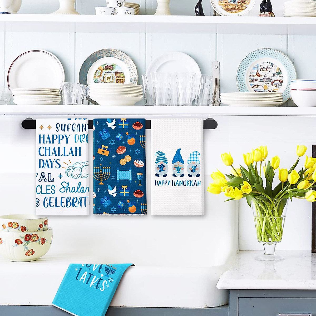 Hanukkah Kitchen Towels Chanukah Decorative Dish Towels Hanukkah Gnome Drying Cloth Tea Towels for Challah Days Kitchen Cooking Baking Holiday Decorations, Housewarming Presents Set of 4