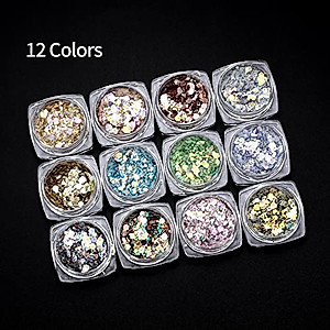 12 Colors Holographic Chunky Glitter Set, Makeup Face Body Eyeshadow Lips Hair Nails Cosmetic Festival Glitter for Hair, Face, Nail, Eyes, Eyeshadow, Cosmetics, Arts, Glitter, with 1 x Brush