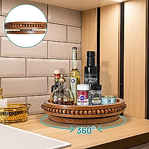 Farmhouse Lazy Susan Organizer,Decorative Tray Riser,Lazy Susan for Table, Counter Lazy Susan Turntable Organizer with Beads,360 Degrees Rotating Display Stand for Spice Racks,Centerpiece Tray,Brown