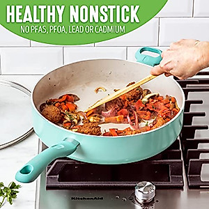 GreenLife Soft Grip Diamond Healthy Ceramic Nonstick, 5QT Saute Pan Jumbo Cooker with Helper Handle and Lid, PFAS-Free, Dishwasher Safe, Turquoise