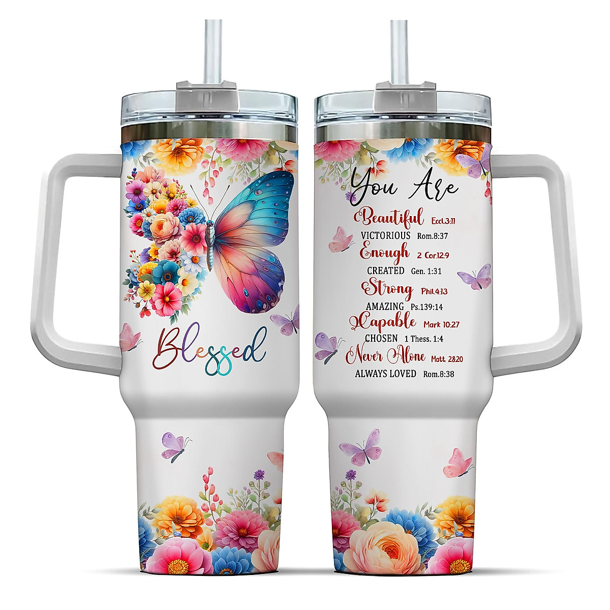 99WHALE Insulated Handle Steel Floral Yellow Stainless Quartz Coffee Hot Modern Rose Red Camelia, Christian Gifts, Tumbler 40 Oz With Handle Lid And Straw, Butterfly Blessed Faith