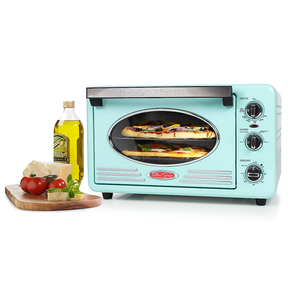 Nostalgia Oven, Toast, AirFry, Broil Functions Large Capacity Fits Slices of Bread Two 12 in. Pizzas-Includes Baking Pan and Frying Basket, 21 Qt, Aqua
