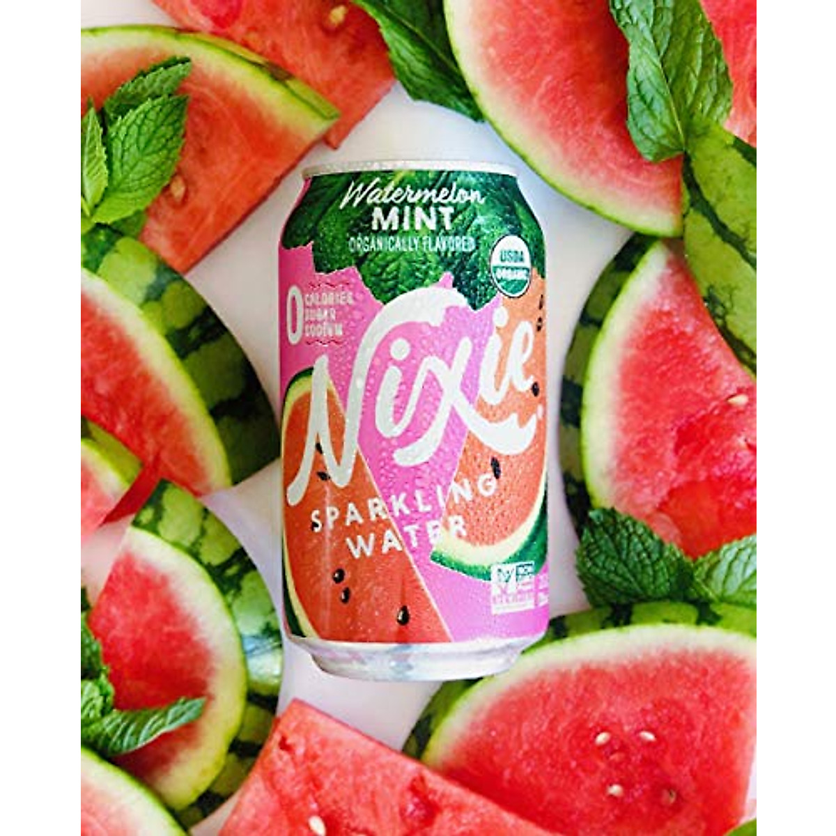 Nixie Sparkling Water, Watermelon Mint | 12 fl oz cans, 24 pack | Organic, Non-GMO, 0 Calories, 0 Sugar, 0 Sodium
