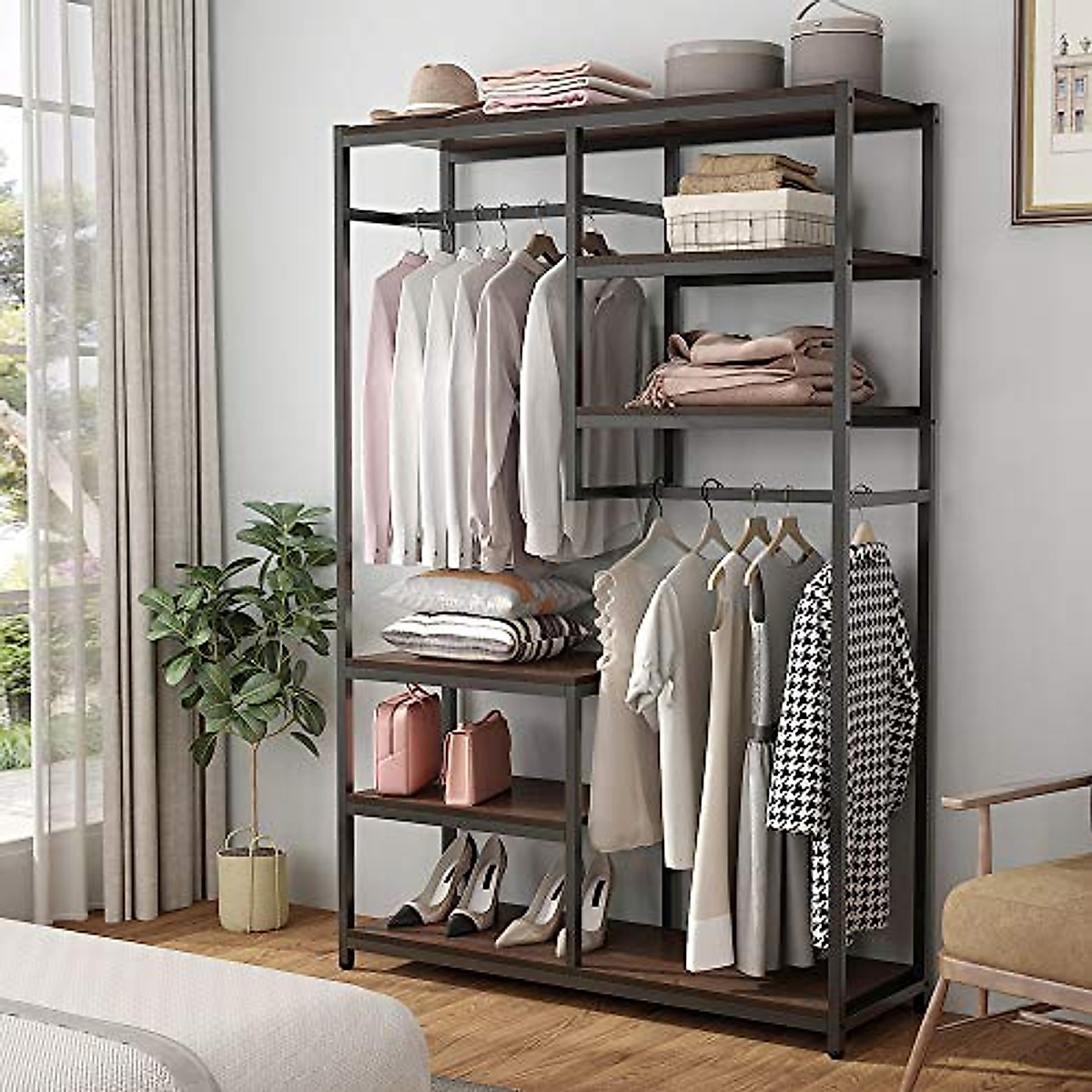 Tribesigns Free-standing Closet Organzier, Double Hanging Rod Clothes Garment Racks with Storage Shelvels, Heavy Duty Metal Closet Storage Clothing Shelving for Bedroom, Capacity 400 lbs (rustic)