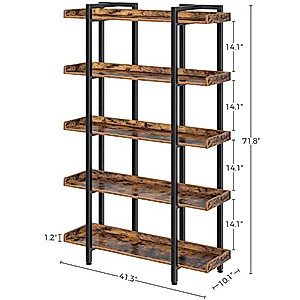 Rolanstar Bookshelf 5-Tier, 71.8’’H Industrial Book Shelf, Large Bookcases and Bookshelves with Open Shelves, Open Display Shelves with Metal Frame for Living Room Bedroom Home Office, Rustic Brown