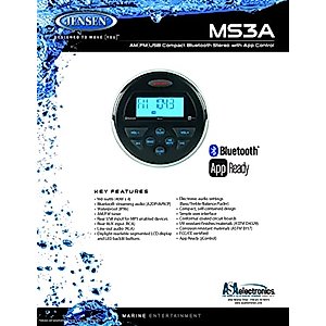 Jensen MS3A AM|FM|USB Waterproof Compact Bluetooth Stereo with App Control, 160 watts (40W x 4), Bluetooth Streaming Audio (A2DP/AVRCP), Rear USB for MP3, Rear AUX in (RCA), Line-Out (RCA) (Renewed)