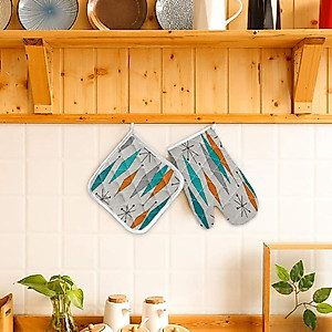Chic D Kitchen Oven Mitts Gloves and Pot Holders Sets, Retro Modern Mid Century Geometric Heat Resistant Oven Mittens and Potholders Hot Pads Set Non-Slip for Cooking BBQ Baking Grilling