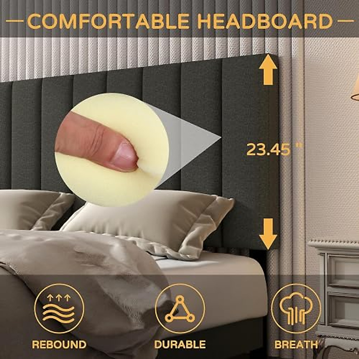 Queen Size Bed Frame with Adjustable Height Headboard, Upholstered Platform Bedframe with Wingback, Heavy-Duty Metal Frames with Solid Wooden Slats No Box Spring Needed, Dark Grey