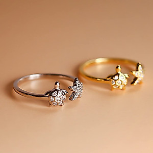 NewZenro CZ Star Cute Turtle Asymmetric Small Open Rings for Women Dainty 925 Sterling Silver Animals Adjustable Statement Knuckle Rings Thin Tiny Finger Pinky Rings for Daughter Bff Birthday (Gold)