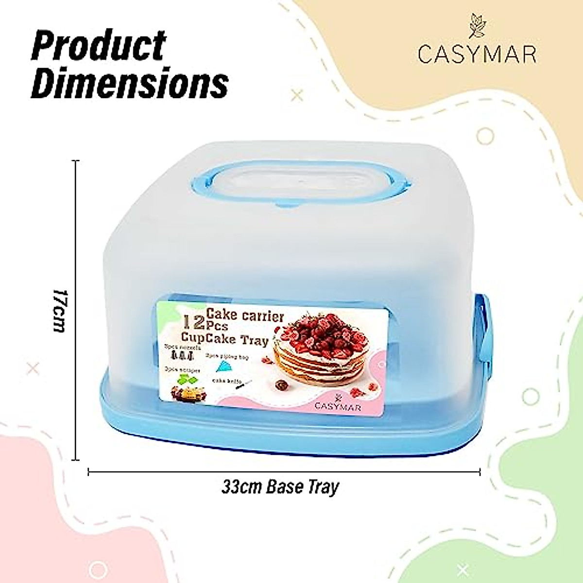 CASYMAR Portable Cake Carrier with 12 Cupcake Holder with Lid- Plastic Cake Containers with Lids Includes Knife & Accessories-Two Sided Base for Snacks Cookies Nuts Fruit etc-Suitable for 12-inch Cake