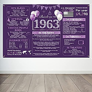 Crenics Purple 60th Birthday Decorations for Women, Vintage Back in 1963 Birthday Backdrop Banner, Large 60 Years Old Birthday Anniversary Poster Photo Background Party Supplies, 5.9 x 3.6 Ft
