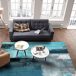 Contemporary Non-Slip Area Rug Turquoise and Grey Abstract Art Painting Teal Printed Rugs Art Carnival Rubber Backing Living Room Floor Mats Rectangle Area Rug Carpet for Indoor 2.7'x5'