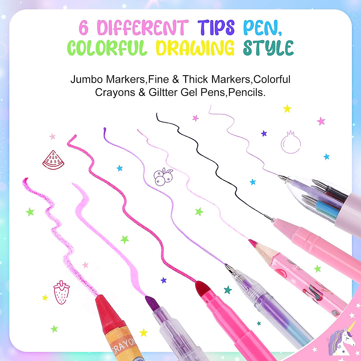 56 Pc Fruit Scented Marker Set with Glitter Unicorn Case, Art Supplies Kit for Kids Ages 4-8