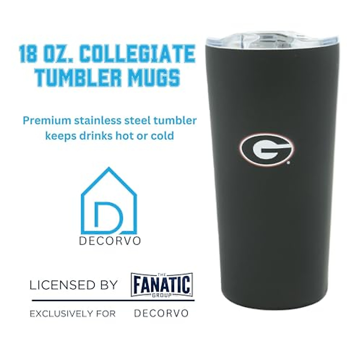 Decorvo Officially Licensed Collegiate Stainless Steel Tumbler - Double Walled Insulated Travel Thermos with Slide Lid - 18 oz (Georgia Logo - Black)