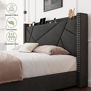 Feonase Upholstered Storage Bed Frame Queen Size with 4 Drawers, Platform Bed with Charging Station & Wingback Headboard, Solid Wood Slats Support, Dark Gray