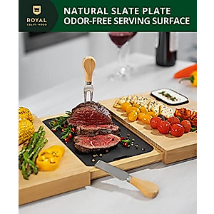 Extra Large Bamboo Charcuterie Boards - Large Charcuterie Board Set w/ 3 Sauce Bowls, 4 Knives & Slate Plate - Unique Cheese Board & Serving Tray with Charcuterie Accessories - Ideal Housewarming Gift