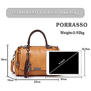 PORRASSO Retro Handbag Women Crossbody Bag Ladies Shoulder Bag Waterproof PU Leather Top-Handle Bag Work Travel Dating Boston Bag Light Brown