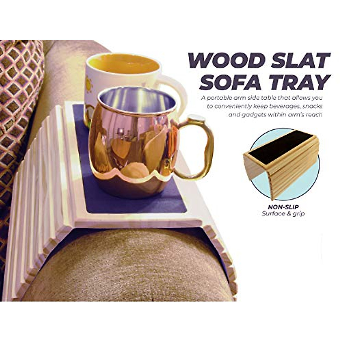 Etna Solid Wood Sofa Arm Table - Flexible Tray Tables with a Non-Slip Felt Surface and Slat Links - Perfect Recliner Table, Couch Arm Table for Holding Drinks, Snacks, or TV Remote - Natural Wood