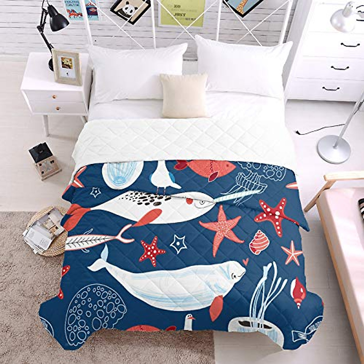 Cool Summer Bedspread Quilt Submarine Fauna Narwhal Sea Star Jellyfish All-Season Comforter Duvet Insert or Stand-Alone Comforter, Comfortable Air Conditioning Bed/Sofa Blanket for Adults Kids 82x85in