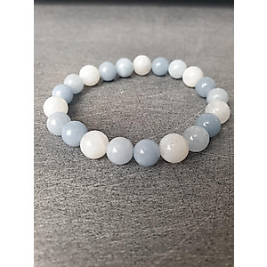 LKBEADS Natural Angelite, Aquamarine & Moonstone 10mm rondelle smooth 7inch Semi-Precious Gemstones Beaded Bracelets for Men Women Healing Crystal Stretch Beaded Bracelet Unisex