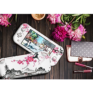 ZOOMHITSKINS Switch Lite Accessories, Compatible for Switch Lite Skin, Pink Cherry Blossom Japan Temple Asia Black Pastel Flowers, 3M Vinyl, Durable & Fit, Easy to Install, Made in The USA