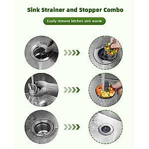 Kitchen Sink Strainer Stopper Combo 3-in-1 Pop Up Kitchen Sink Drain with Upgrade Folded Handle, for US Standard 3-1/2 inch Drain Filter, Chrome Stainless-Wraped Shell, Anti-Clog