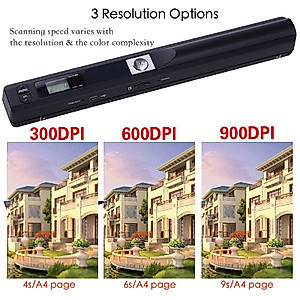 Portable Scanner, Handheld Photo Scanner, A4 Document Scanner for Picture Text Receipt Page in 300/600/900Dpi JPG PDF Format Hand Scanner Support USB Transfer Micro SD Card, No Driver