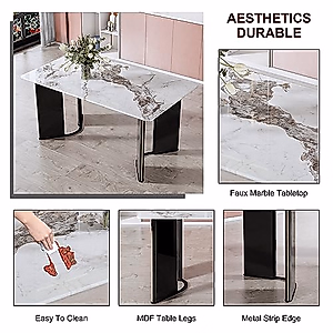 Goderfuu Glass Dining Table for 6 People, 63 inch Modern Kitchen Table with Black Wood Base, White Marble Textured Glass Dining Table Pedestal Dinner Table, Faux Marble Dining Table for Dining Room