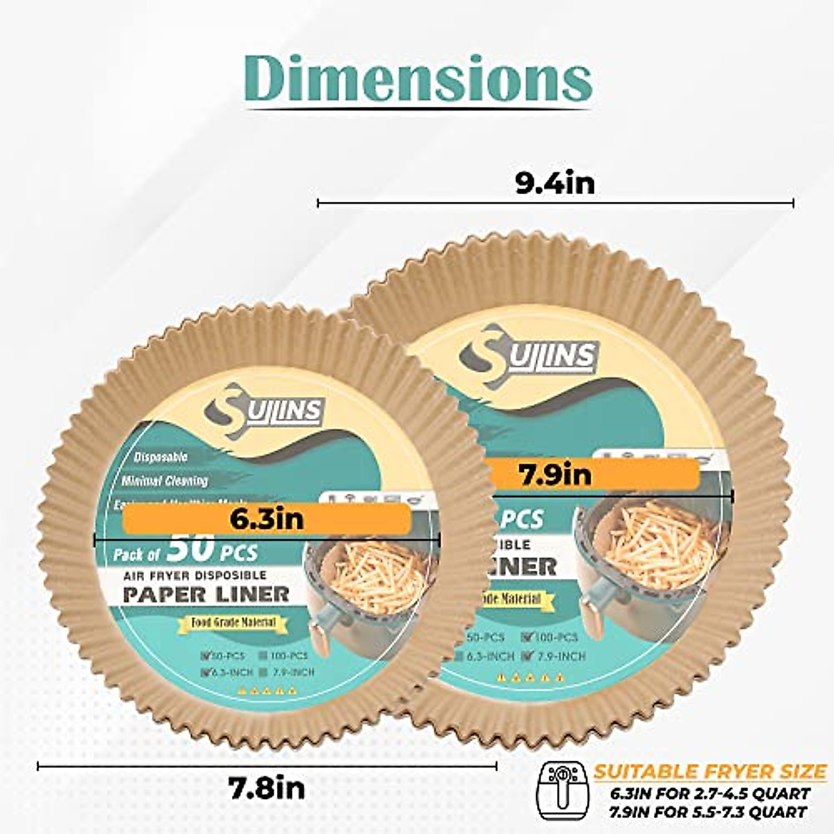 SULLINS 50 Pcs Air Fryer Liners, Disposable Paper Liner for 2.7 to 4.5 Qt Basket, 6.3-inches Air Fryer Parchment Paper for Air Fryer Basket, Unbleached, Non-stick, Oil-proof Round Air Fryer Liners