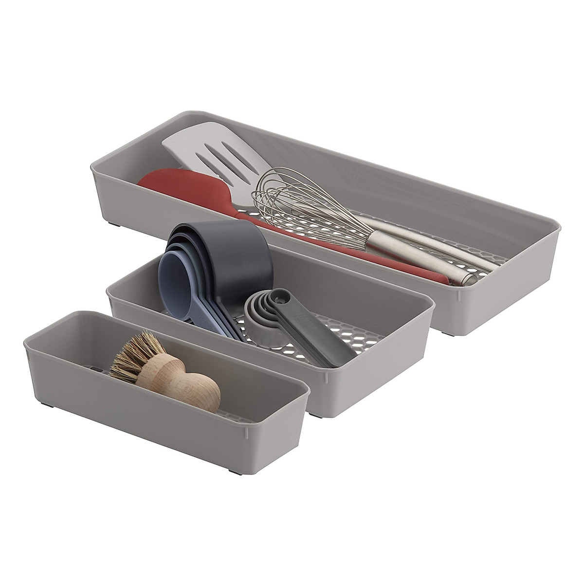 Spectrum Diversified Hexa Set of 3 Assorted Storage Buildup-Resistant Kitchen & Bathroom Drawer Trays, Easy-to-Clean Bathroom & Kitchen Organizers, Stone Gray