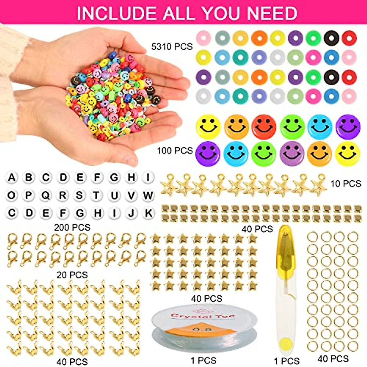 UHIBROS 5800 Pcs Clay Beads for Bracelet Making Kit, Jewelry Making Kit for Girls 16 Color Polymer Heishi Beads Bracelets Making Kit Gifts for Girls with Smiley Face Letter Beads