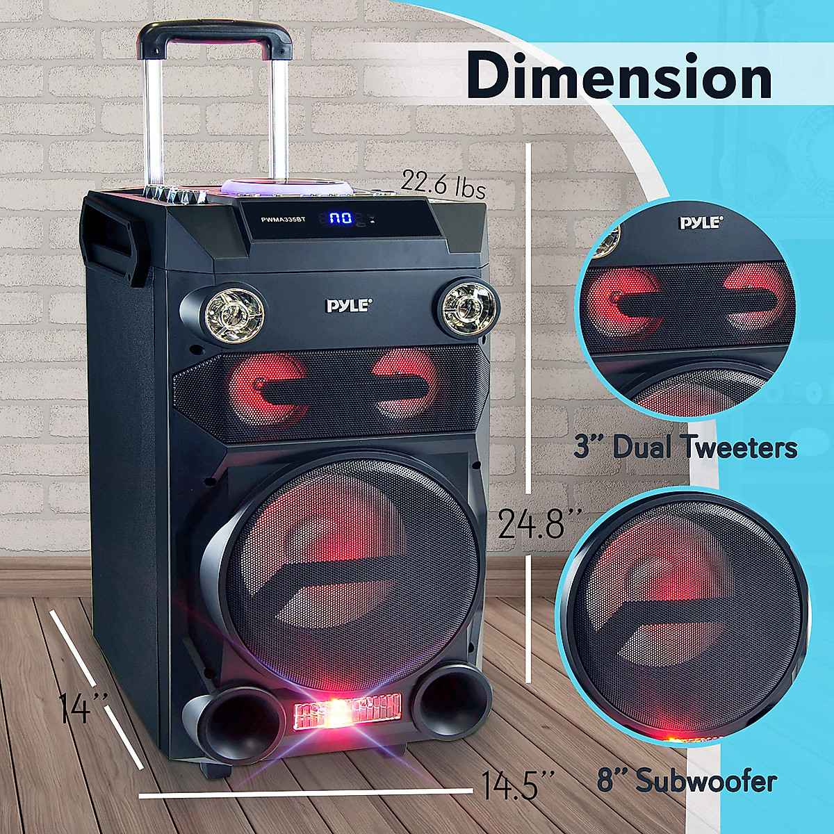 Pyle Portable Wireless Bluetooth Karaoke PA Loud speaker - 8'' Subwoofer Sound System with DJ Lights, Rechargeable Battery, FM Radio, USB / Micro SD Reader, Microphone, Remote - PWMA335BT