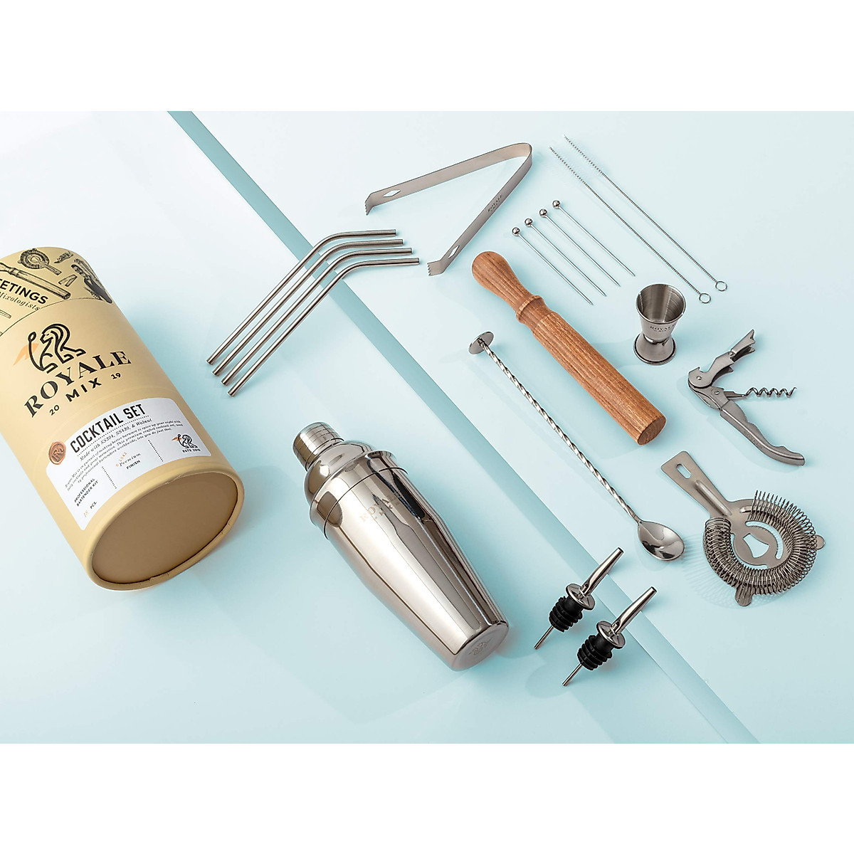 Bar Set Cocktail Shaker Set for Drink Mixing - 19 Piece Bar Tools Set, Mixology Bartender Kit with Straws and Martini Picks, Stainless Steel Bar Accessories Set, Great Housewarming Gift for New Home.