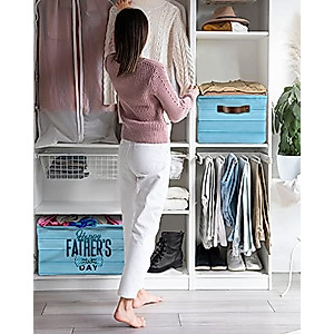 Storage Bin Foldable Storage Basket Happy Father's Day Bow Tie Blue Stripes,Large Storage Bins Handles Storage Baskets for Organizing,Farm Gradient Wood Grain Collapsible Storage Cubes Organizer 25L