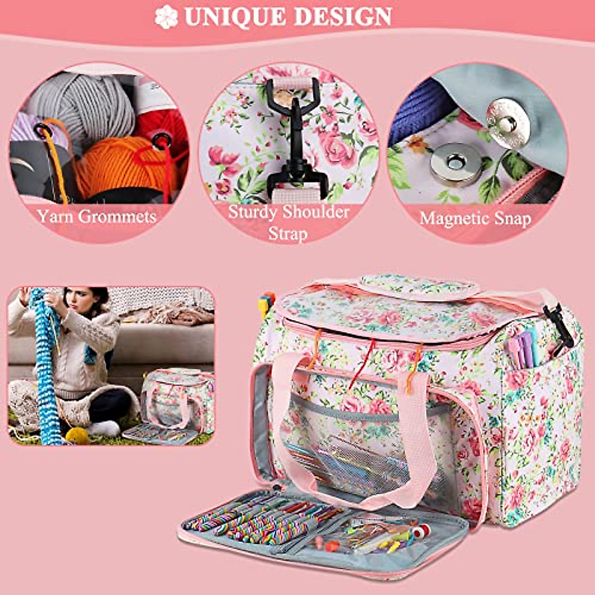 Coopay Yarn Storage Crochet Bag, Large Capacity Yarn Bag for Yarn and Knitting & Crochet Supplies, Knitting Bag with Detachable Shoulder Strap, Beautiful & Portable Knitting Tote Bag(Bag Only)